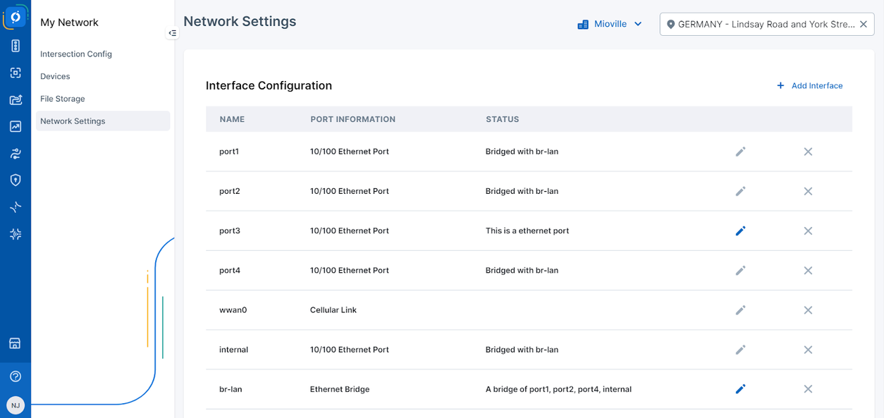 Network Setting Interface in Miovision One